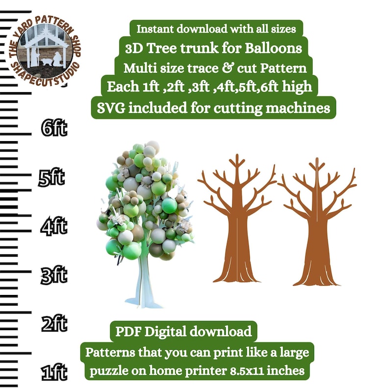 3ft 4ft 5ft 7ft 6ft Standing Balloon Tree Trunk Cutout PDF Template ...