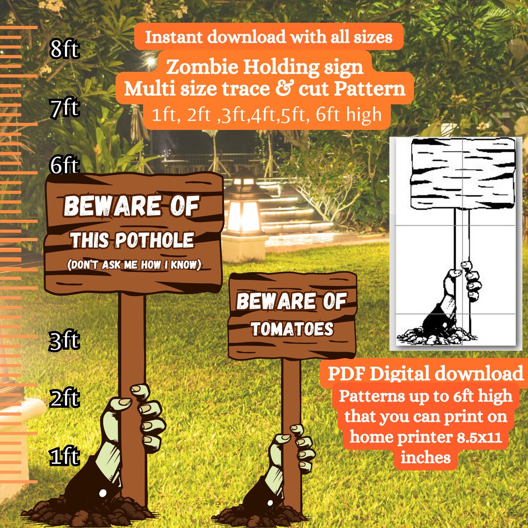Life Size Pattern, Zombie Hand Holding Beware Sign, Garden Marker ...