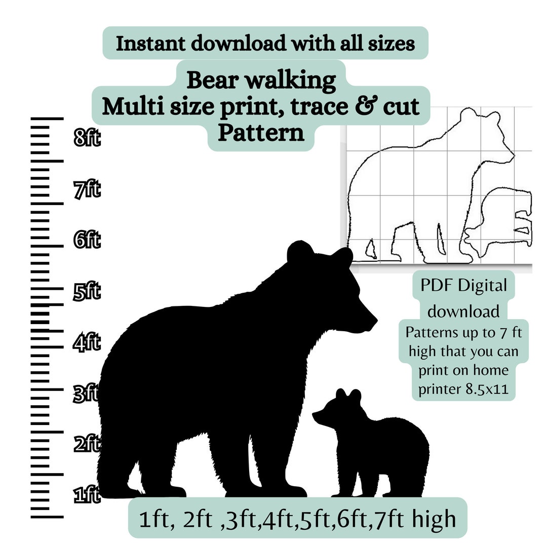 Life Size 1ft to 7ft High Mama & Baby Bear Cub Silhouette Printable ...