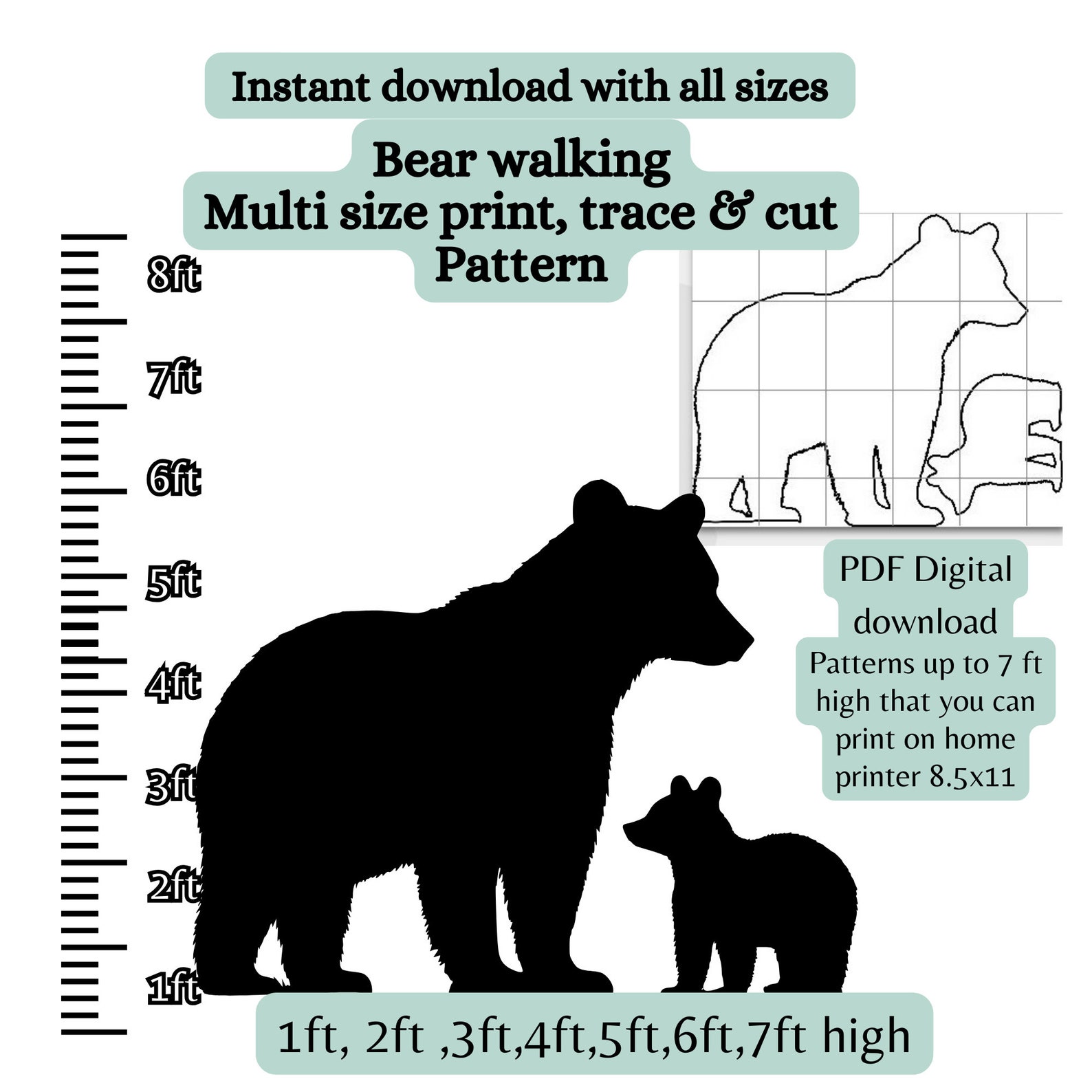 Life Size 1ft to 7ft High Mama & Baby Bear Cub Silhouette Printable ...