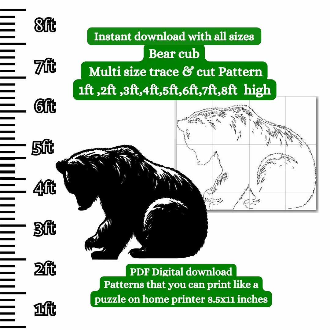 Life Sized 8 Sizes High Bear Cub Silhouette Printable Trace and Cut ...