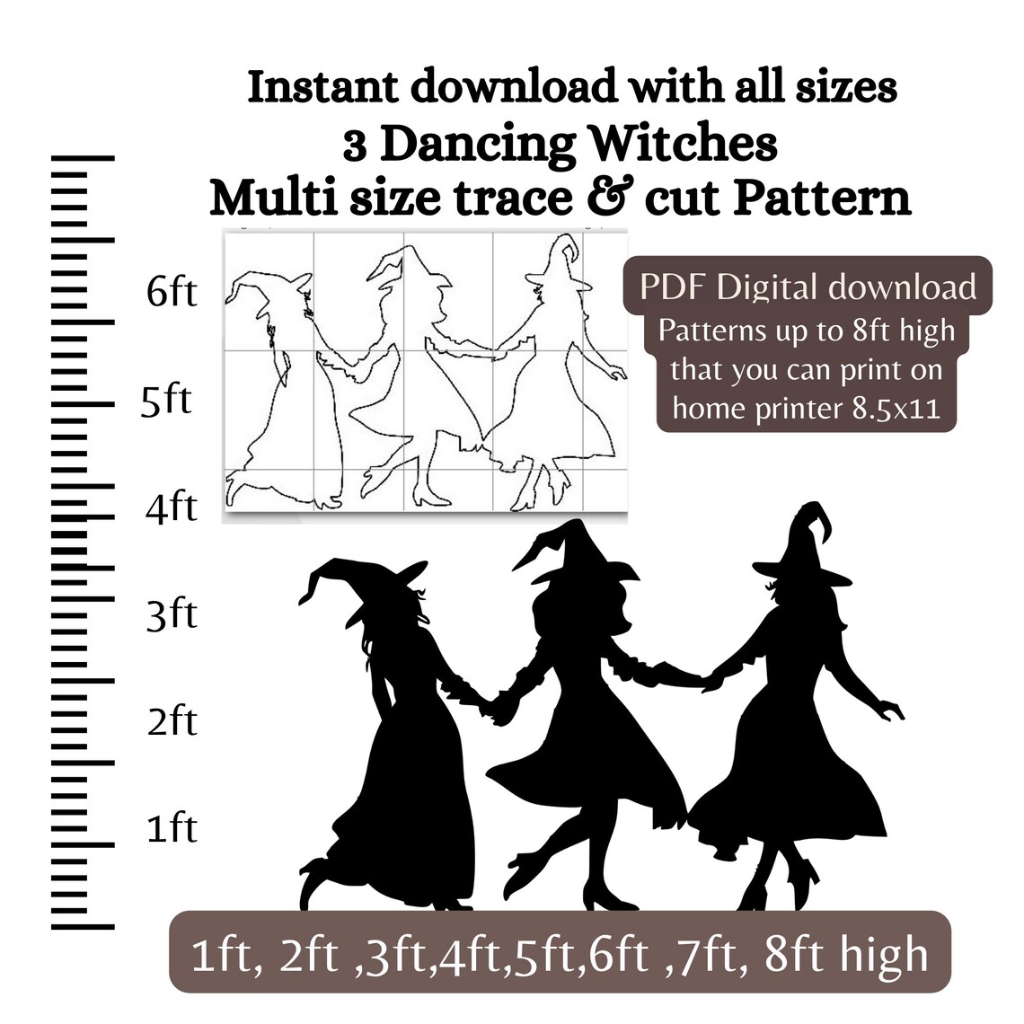 Dancing Witches, Halloween Silhouette Template, Diy Sign , Pdf Yard Art ...
