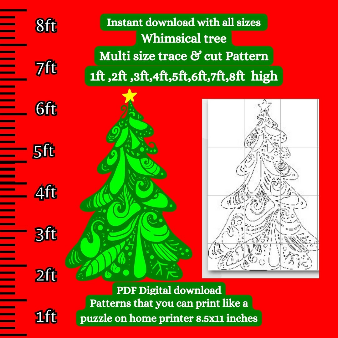 6ft 7ft 8ft Whimsical Christmas Tree Template, Print Trace and Cut ...
