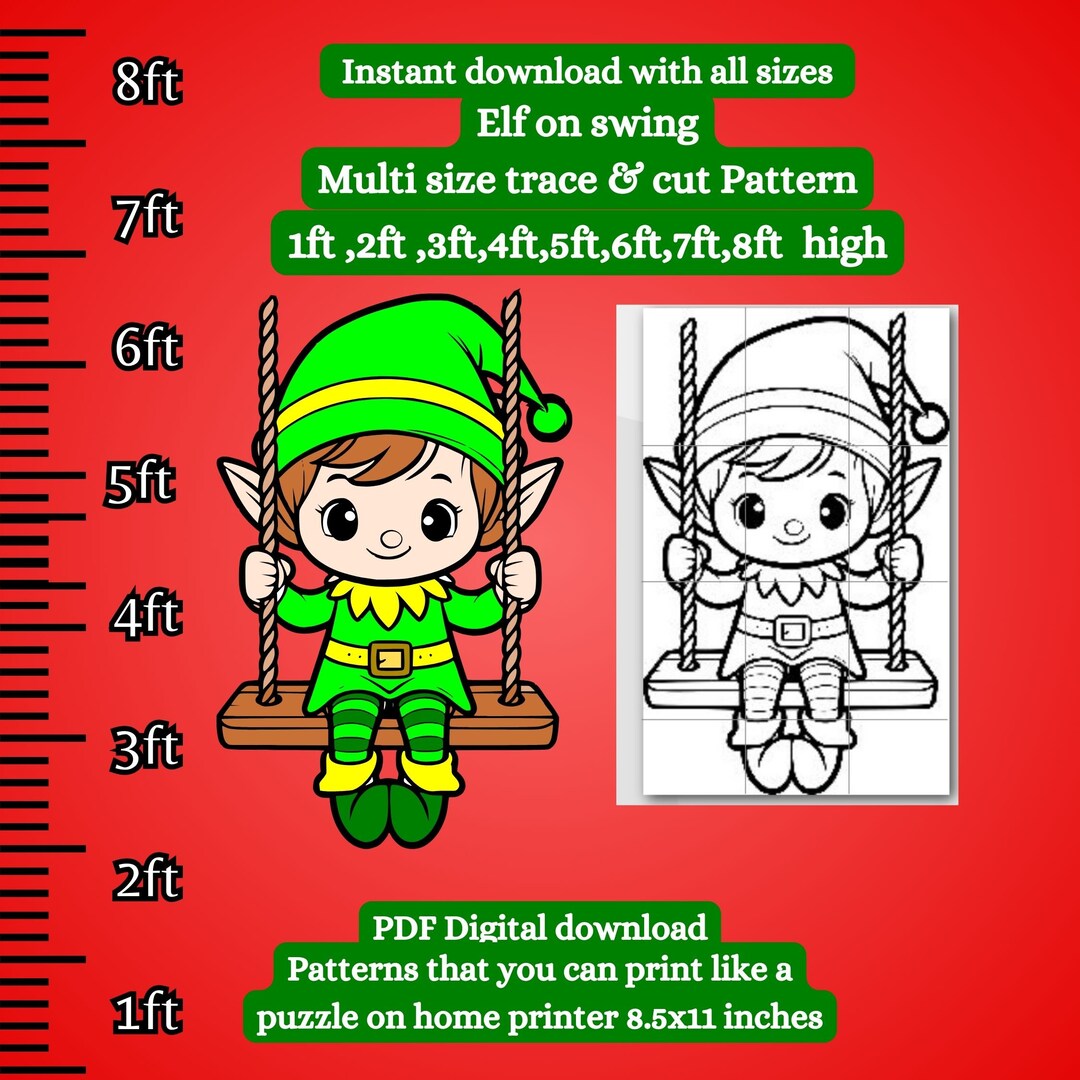 3ft 4ft 5ft Whimsical Santas Elf Swinging ,christmas Stencil Template ...