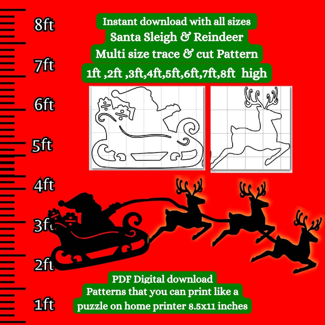 Life Size Santa Sleigh Flying Reindeer Pattern PDF Template ,printable ...