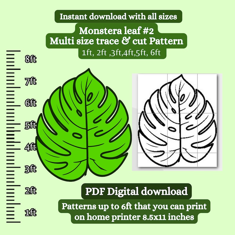 1ft to 6ft Giant Monstera Leaf Silhouette #2, Pdf Print Trace and Cut ...