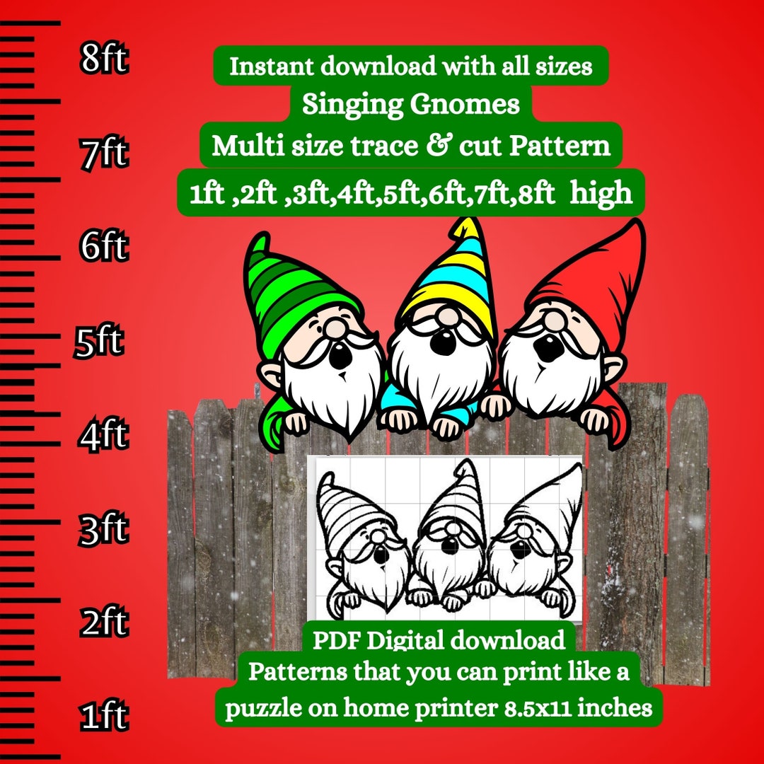 1ft-8ft Whimsical Christmas Carolling Gnome Template, Print Trace and ...