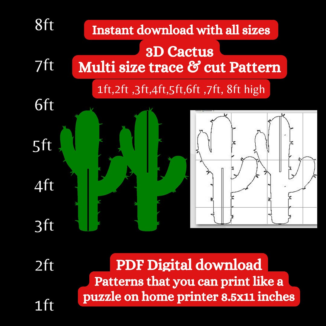 1ft 3ft 4ft 5ft 6ft 8ft 3D Cactus PDF Template ,printable Trace and Cut ...