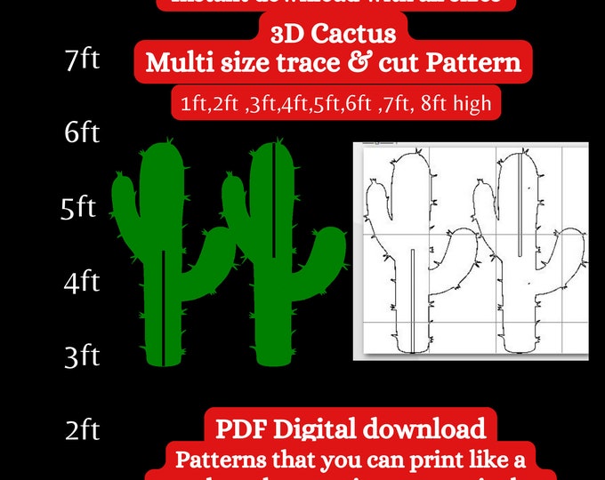 1ft 3ft 4ft 5ft 6ft 8ft 3D Cactus PDF Template ,printable Trace and Cut ...