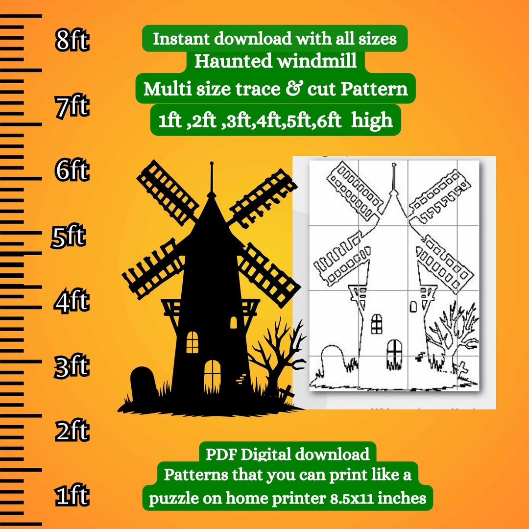 1ft-8ft Full Size Halloween Haunted Windmill Silhouette Template ...