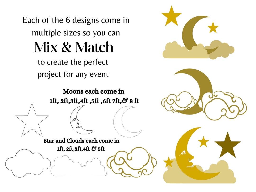1ft to 8ft Moon Clouds Stars Silhouette Template, Moon Cloud Stars ...