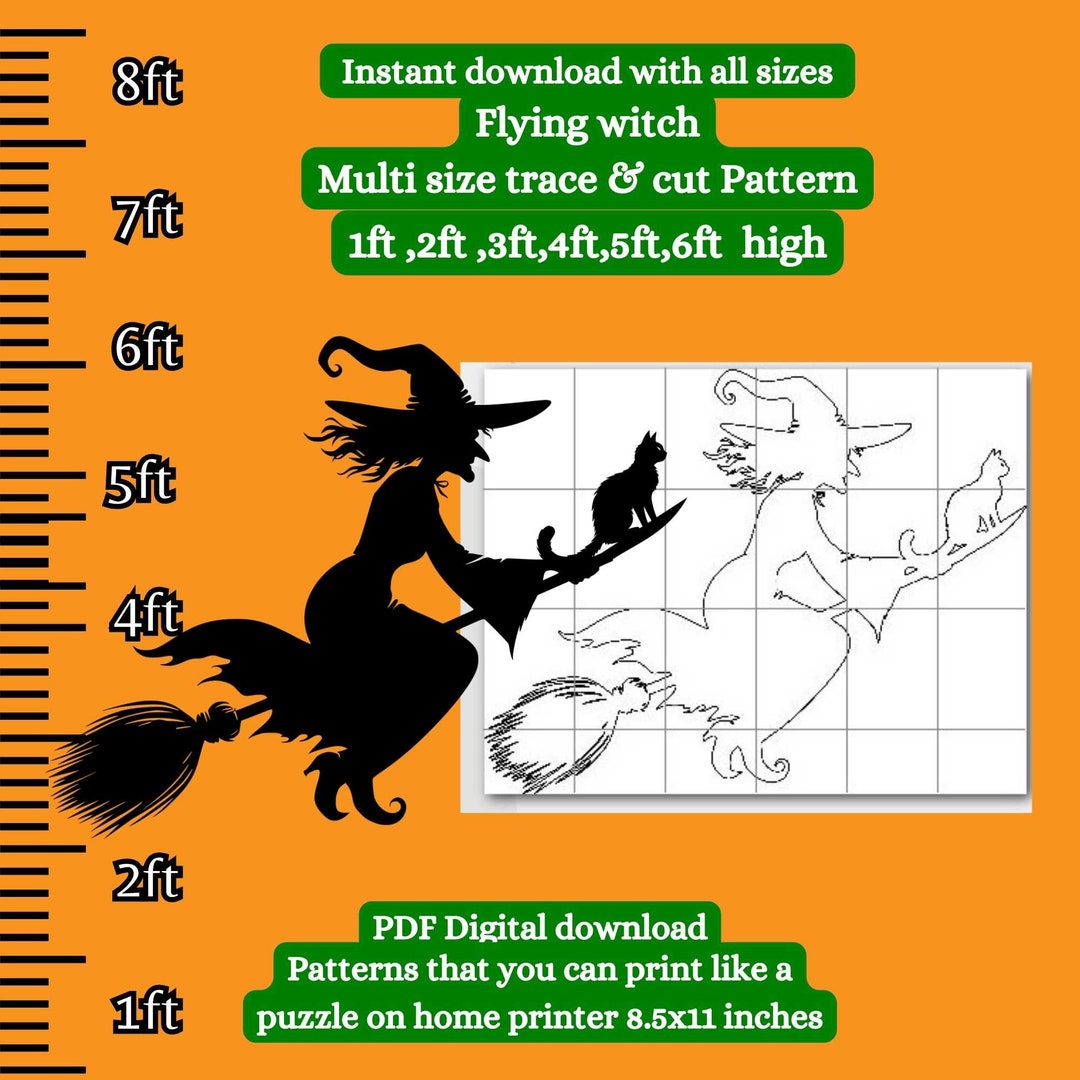 Flying Witch Silhouette Template, Printable Tracing Pdf Pattern ...