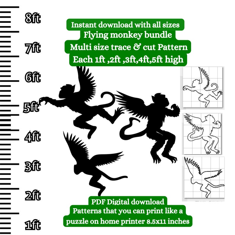 1ft 5ft Flying Monkeys Silhouette Enlarged Pattern, Printable Pdf ...