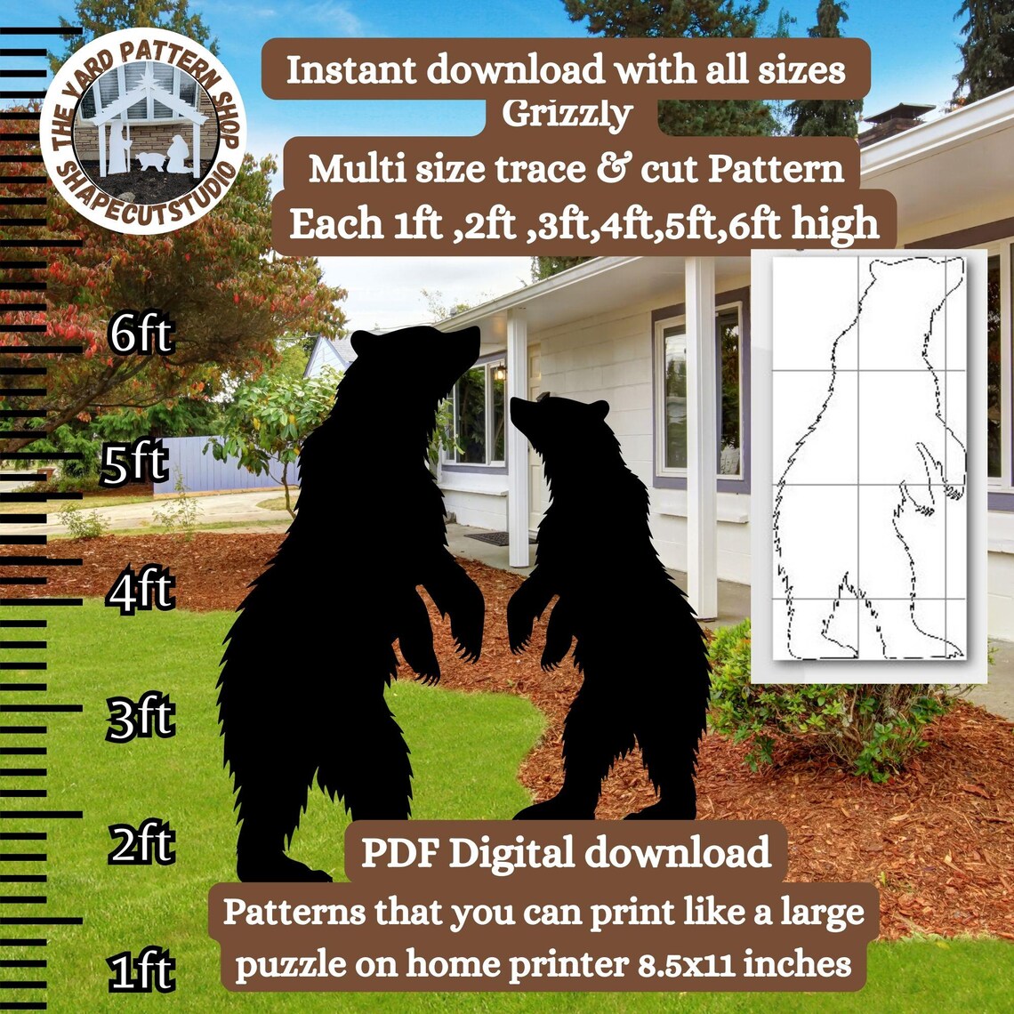 Life Size Standing Grizzly Bear Yard Art Cub Silhouette Printable Trace ...