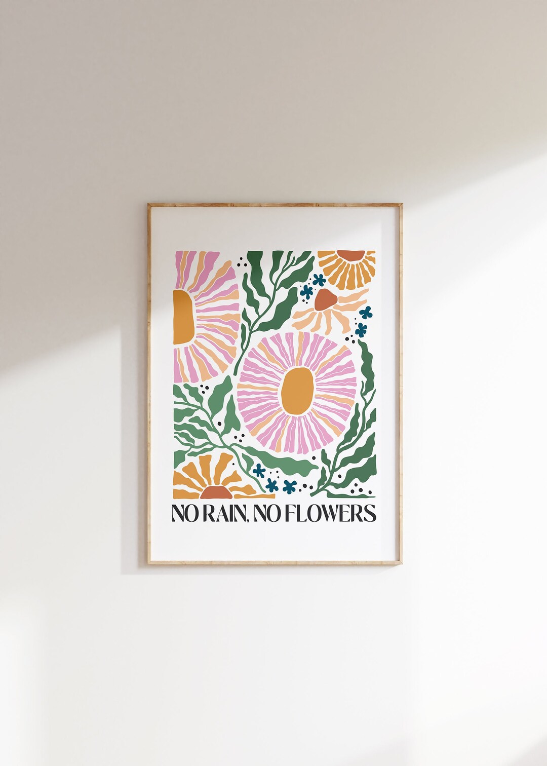 Boho Floral Poster, No Rain No Flower, Colorful Botanical Wall Art ...