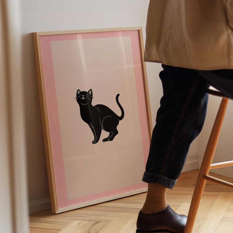 Cute Black Cat Wall Art, Pink Poster Cat Portrait, Animal Prints ...