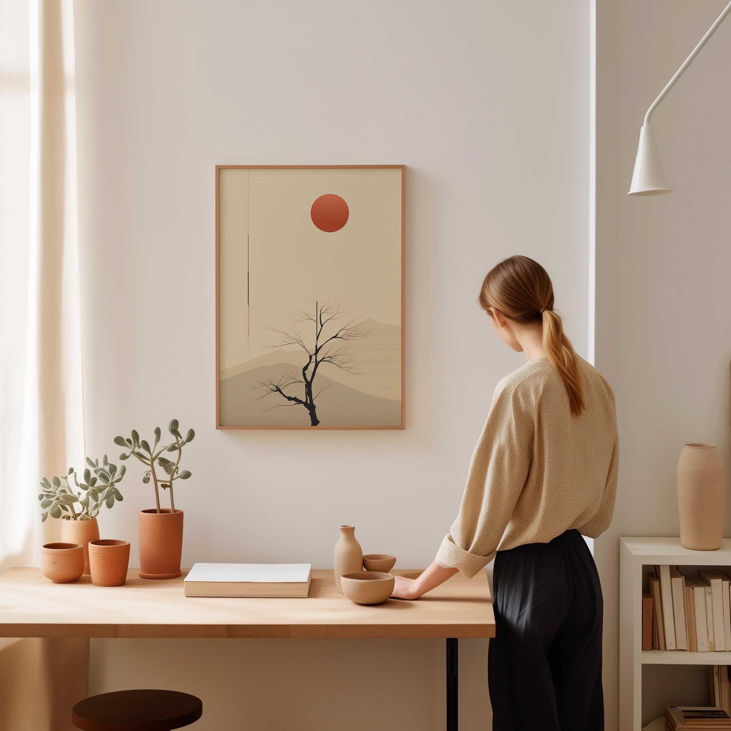 Mid Century Modern Japandi Wall Art, Asian Landscape Terracotta Print ...