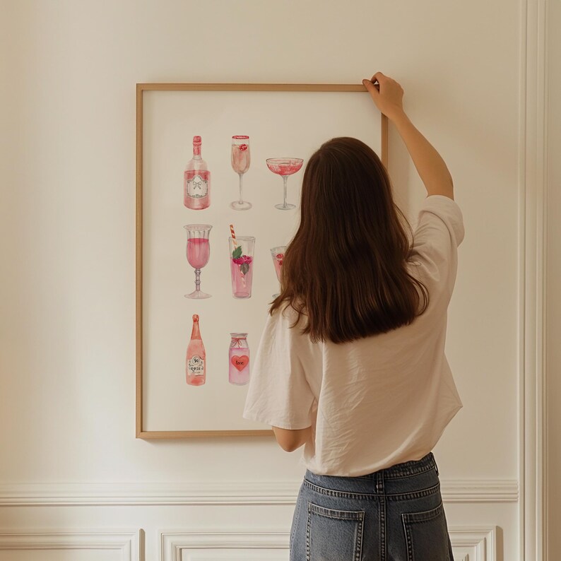Pink Cocktail Wall Art, Watercolor Art Cocktail Prints, Retro Poster ...