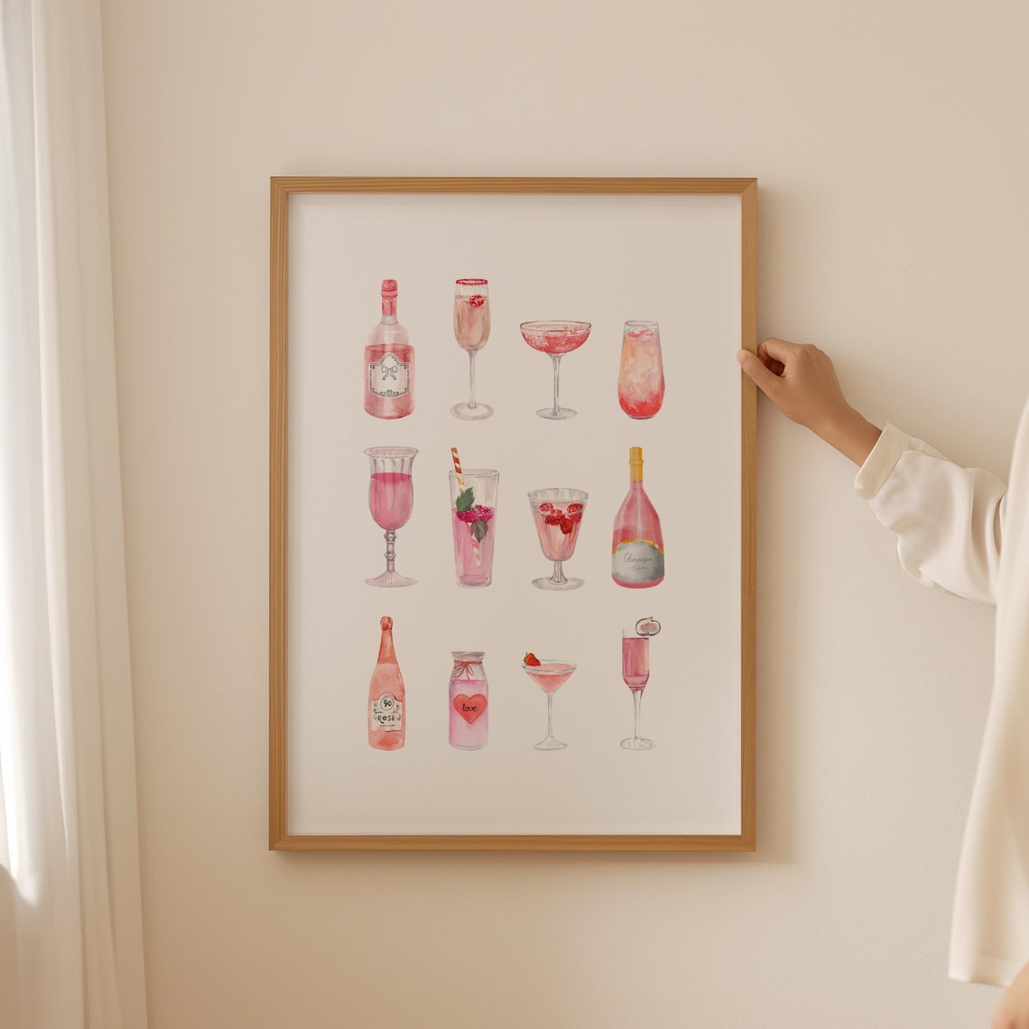 Pink Cocktail Wall Art, Watercolor Art Cocktail Prints, Retro Poster ...