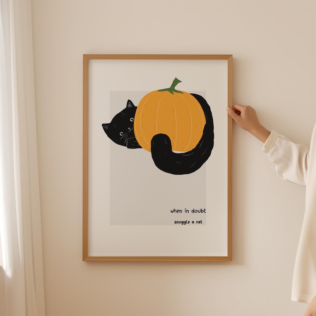 Black Cat Art Halloween Poster, Pumpkin Print Halloween Wall Decor ...