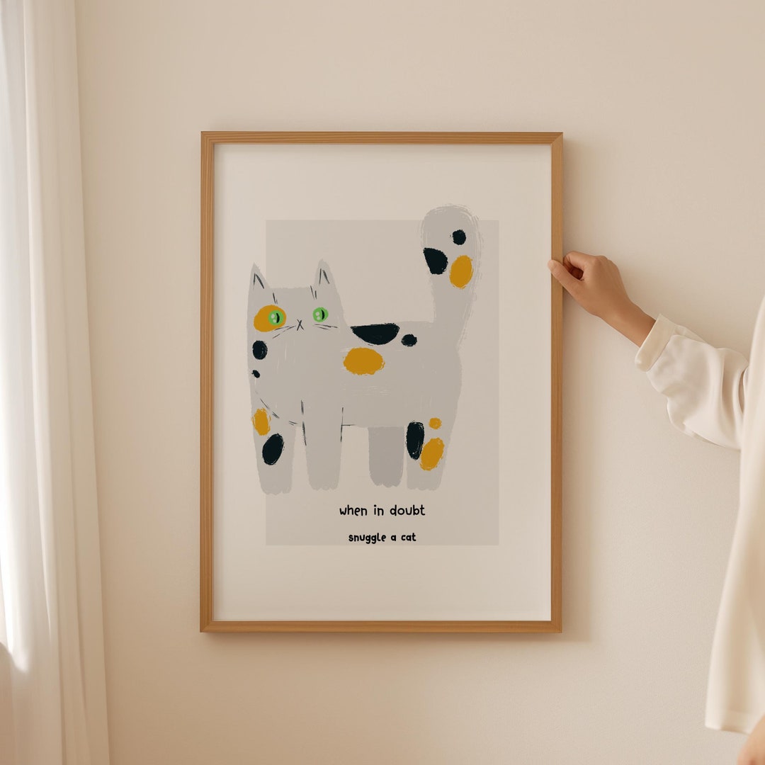 Funny Cat Meme Posters, Calico Cat Cute Animal Prints, Light Blue Wall ...