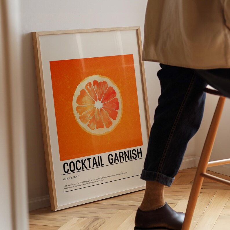 Orange Cocktail Garnish Wall Art Print, Watercolor Orange Retro Bar ...