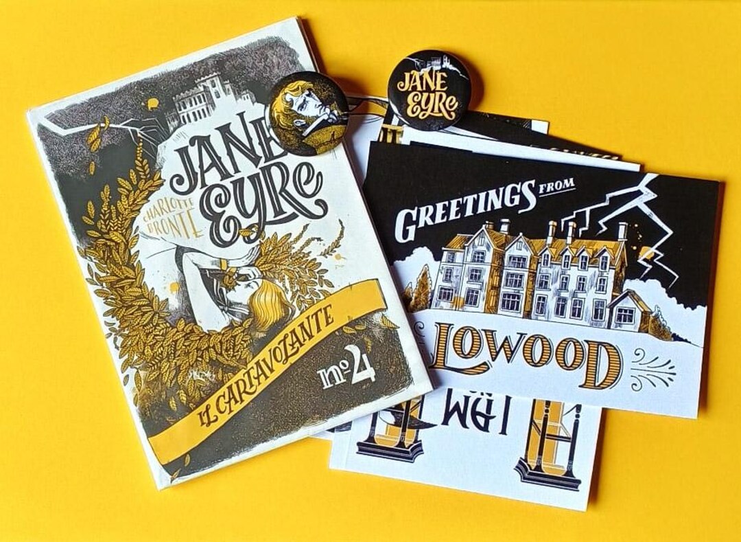 Jane Eyre Bundle, Postcard Set (5 Illustrated Postcards), 2 Pins and ...