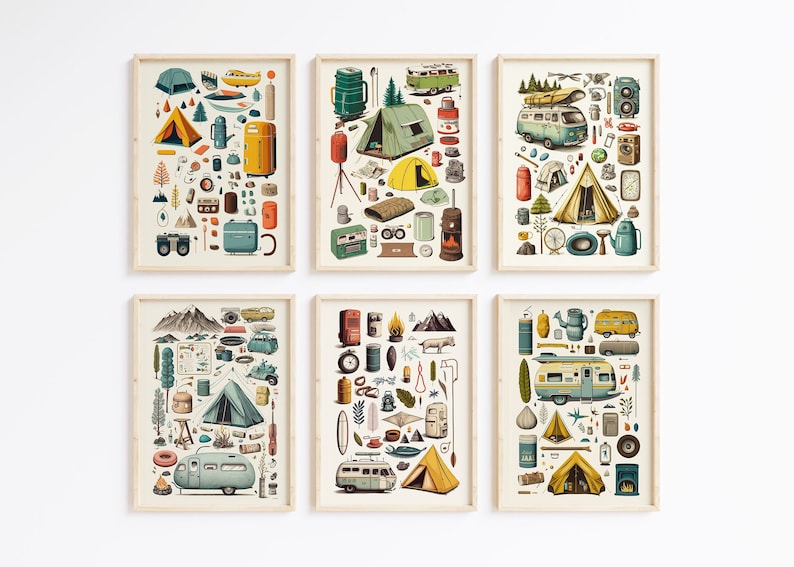 Retro Camping Wall Art Print, Set of 6 Prints, Dorm Room Decor, Nature ...