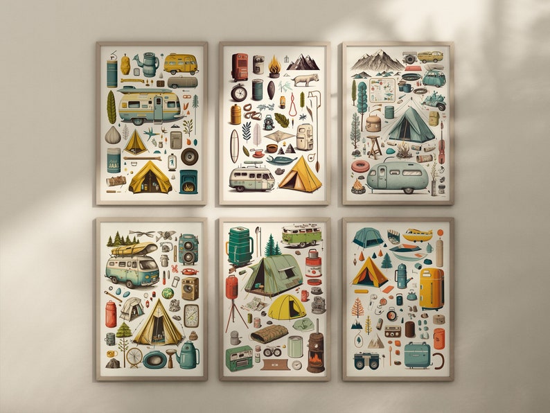 Retro Camping Wall Art Print, Set of 6 Prints, Dorm Room Decor, Nature ...