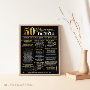 50th Birthday Sign, 50 Years Ago in 1974, Birthday Gift, Personalized ...