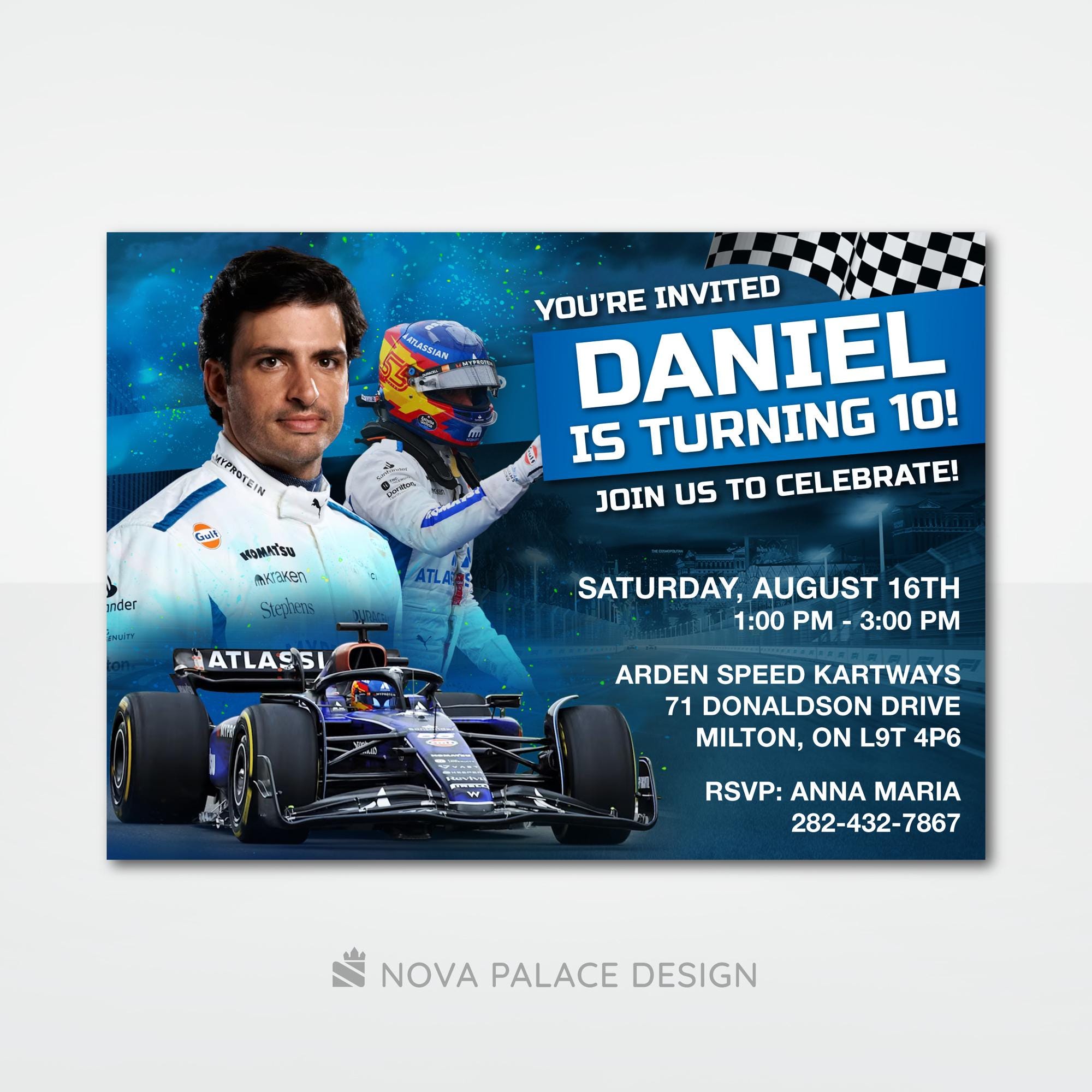 Carlos Sainz Invite, Race Car Birthday Invitation, Williams Racing, F1 ...