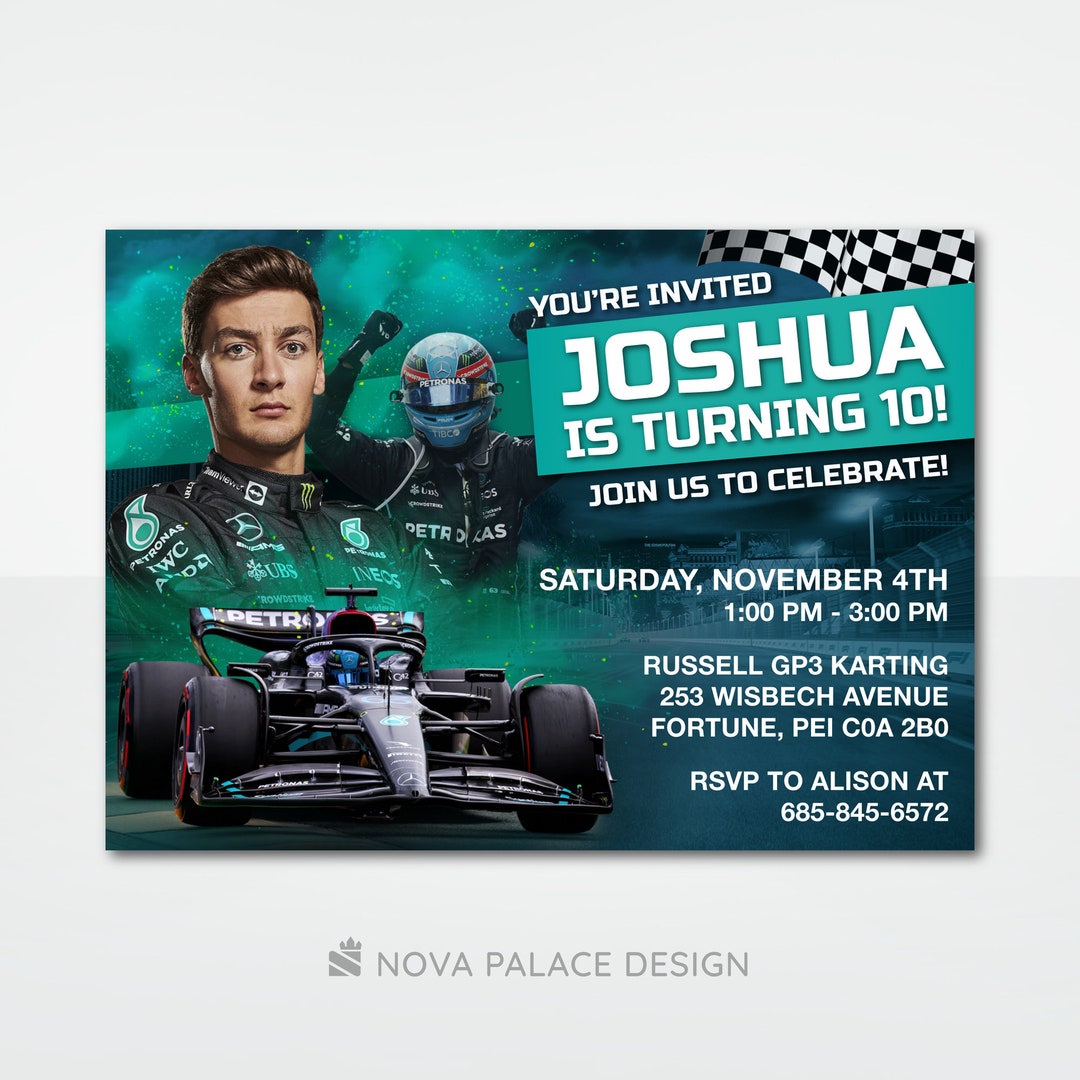 George Russell Invite, Race Car Birthday Invitation, Mercedes Racing ...