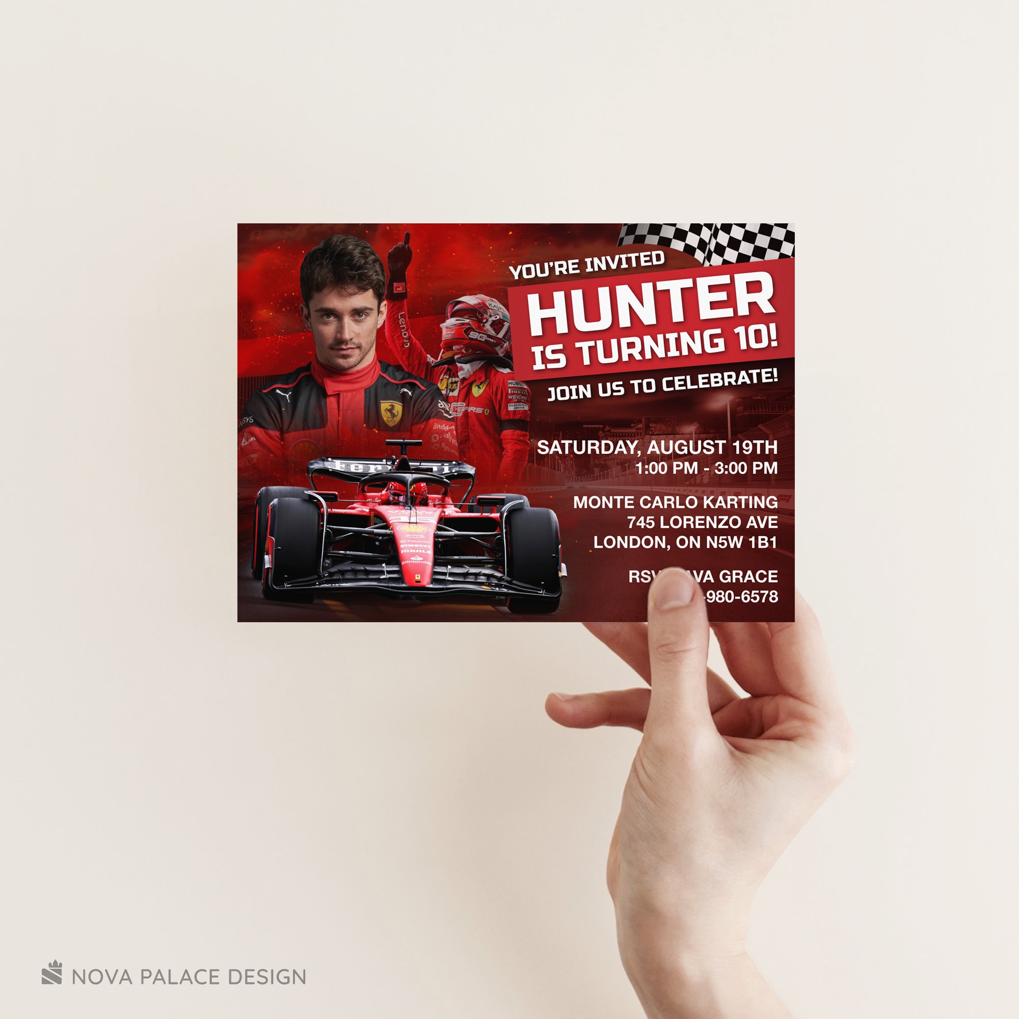 Charles Leclerc Invite, Race Car Birthday Invitation, Ferrari Racing ...