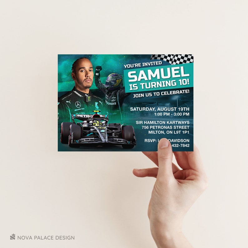 Lewis Hamilton Invite, Race Car Birthday Invitation, Mercedes Racing ...