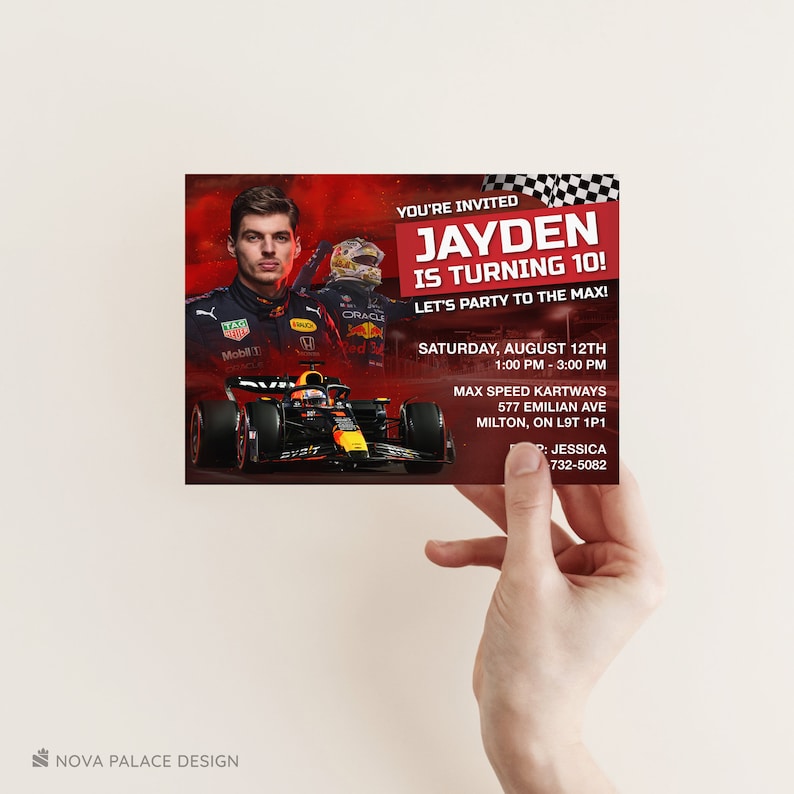 Max Verstappen Invite, Race Car Birthday Invitation, Red Bull Racing ...