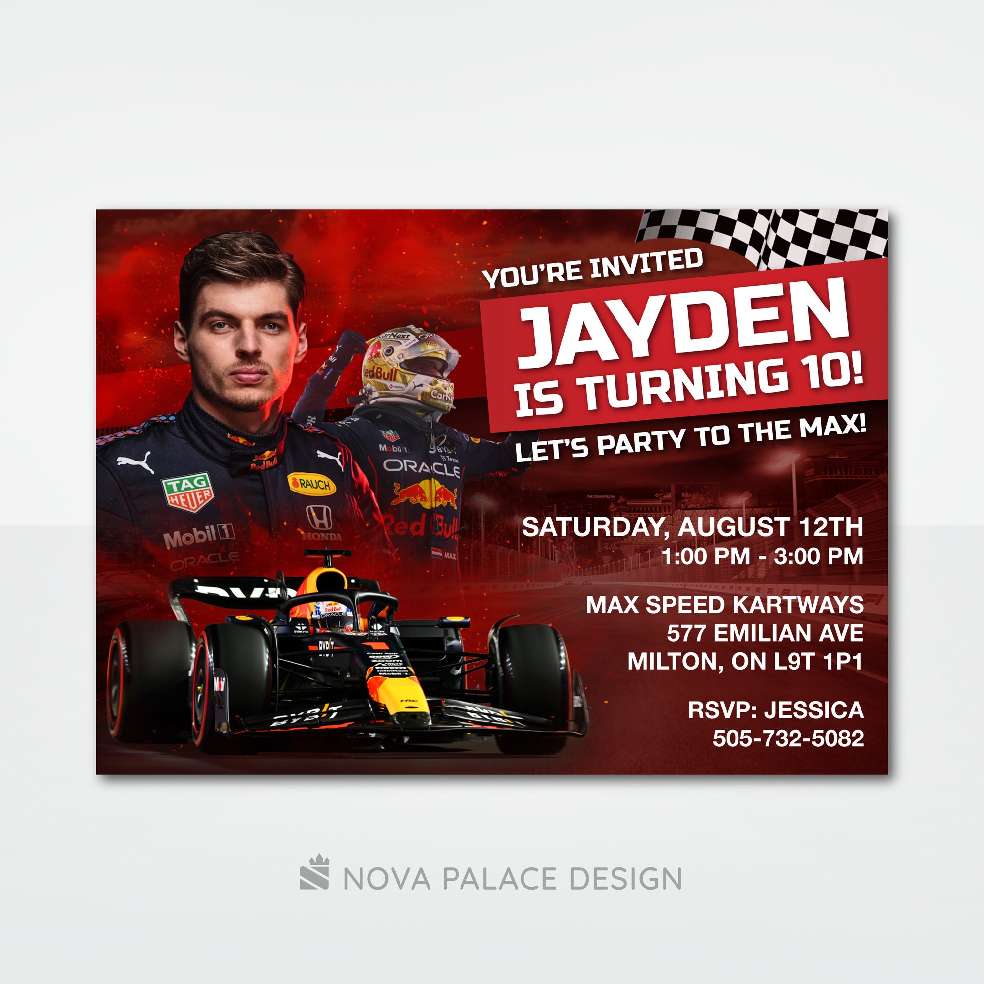 Invitación de Max Verstappen, invitación de cumpleaños de Race Car, Red ...