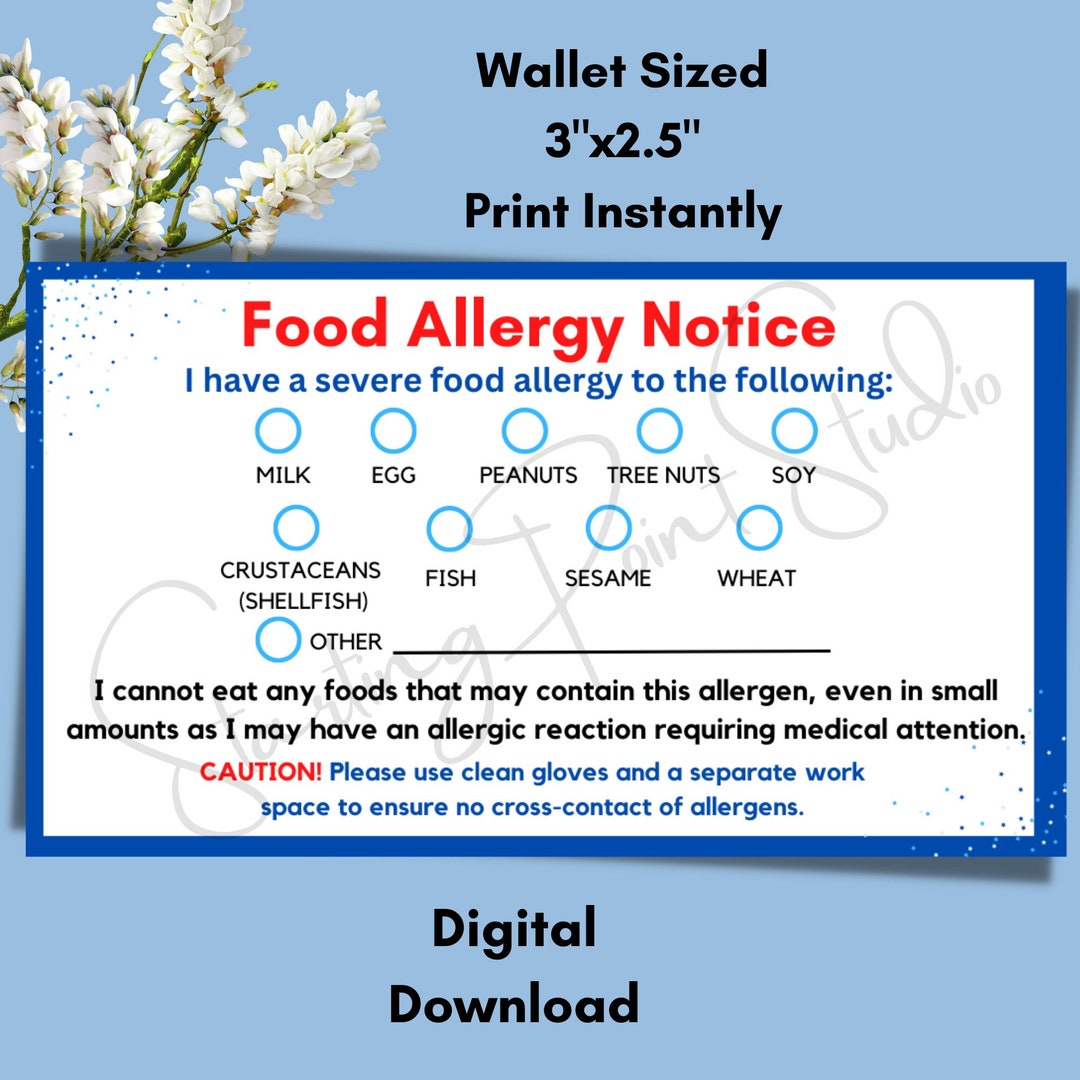Food Allergy Restaurant Chef Notice Card Dining Out Health Wallet Size ...