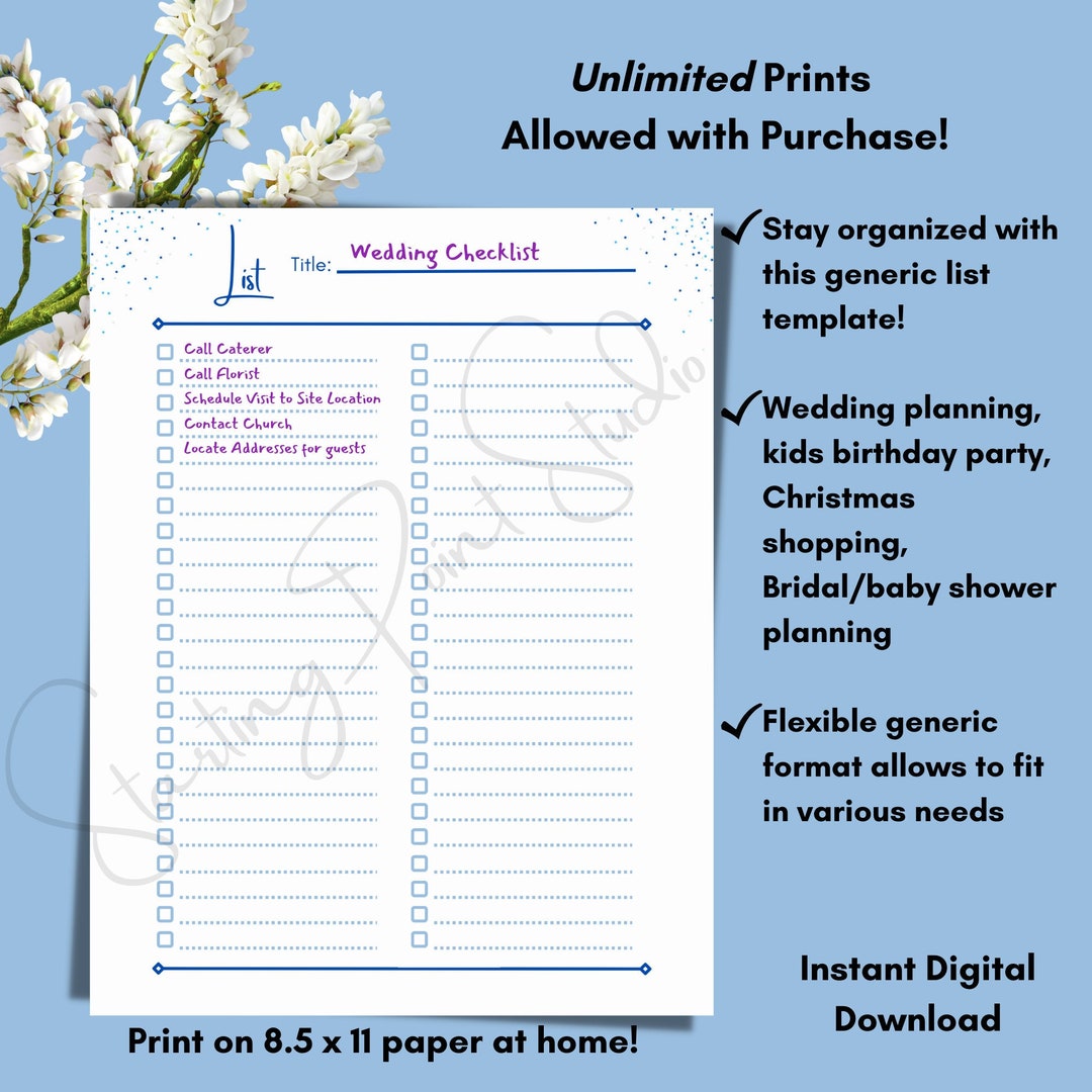 Printable Generic List Template Checklist for Wedding, Planning, Baby ...