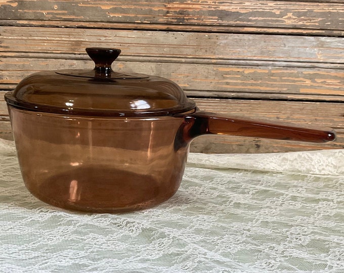 Vintage Corning Glass Cooking Pot W/ Lid 1.5L Handle Saucepan Smoked ...