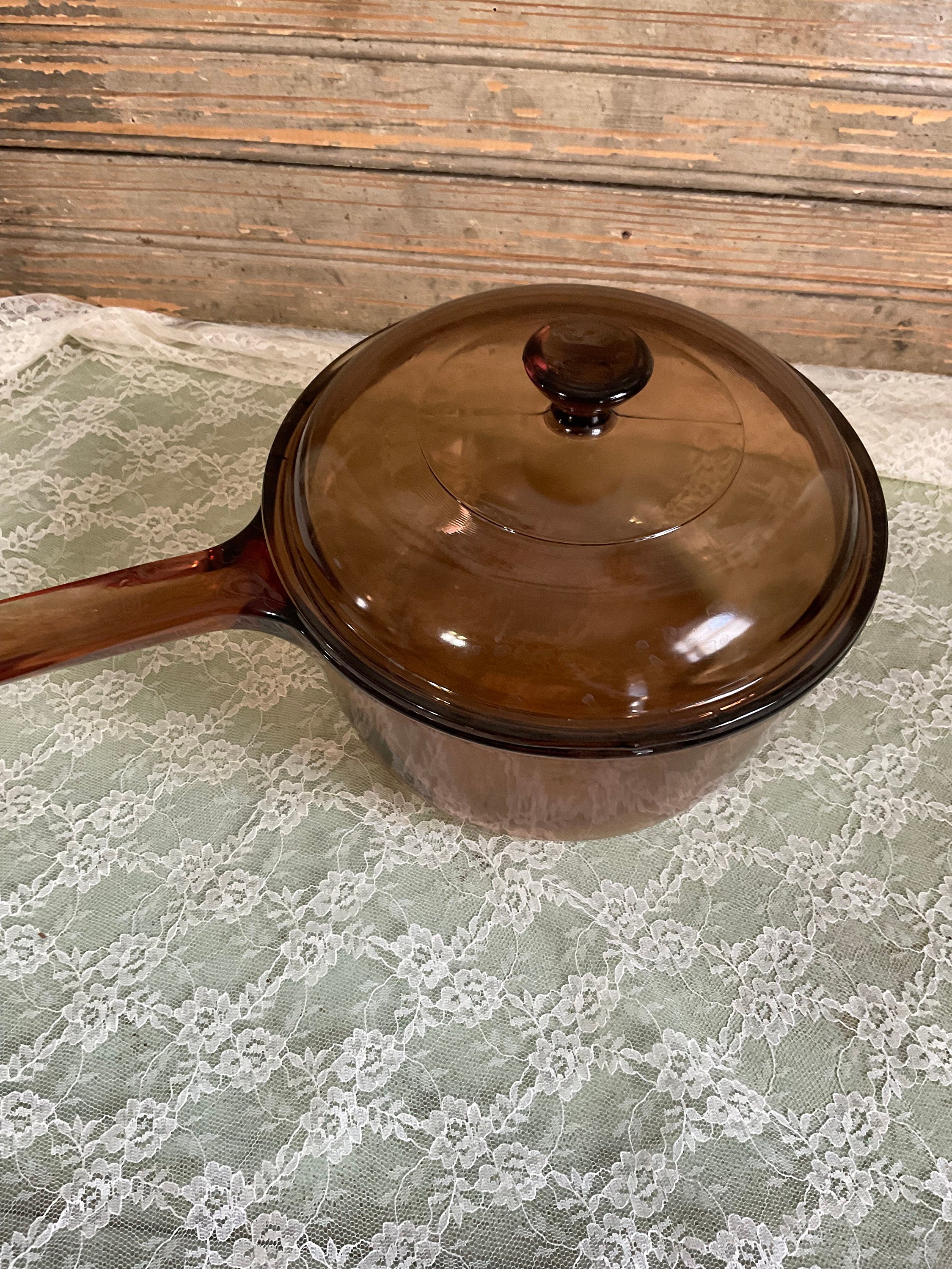 Vintage Corning Glass Cooking Pot W/ Lid 1.5L Handle Saucepan Smoked ...