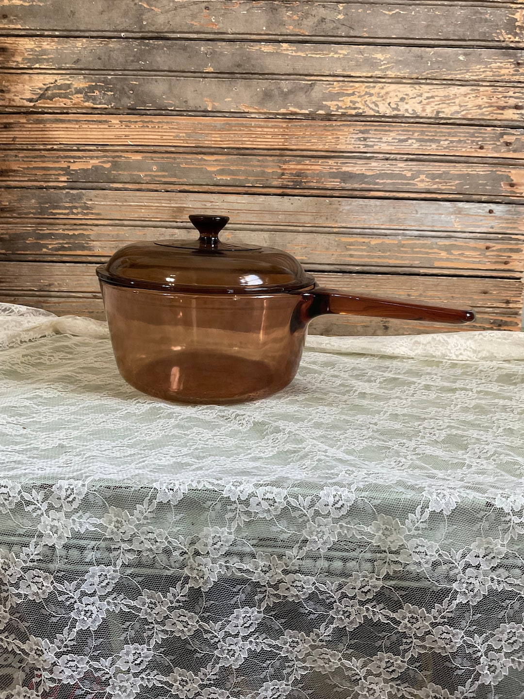 Vintage Corning Glass Cooking Pot W/ Lid 1.5L Handle Saucepan Smoked ...