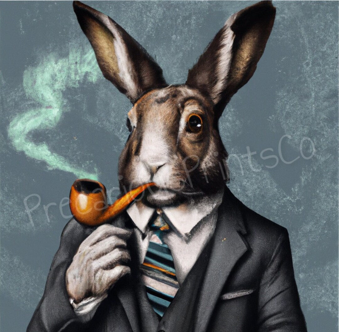 Wise Suited Hare Smoking Pipe Wall Art, Anthropomorphic, Office Decor ...
