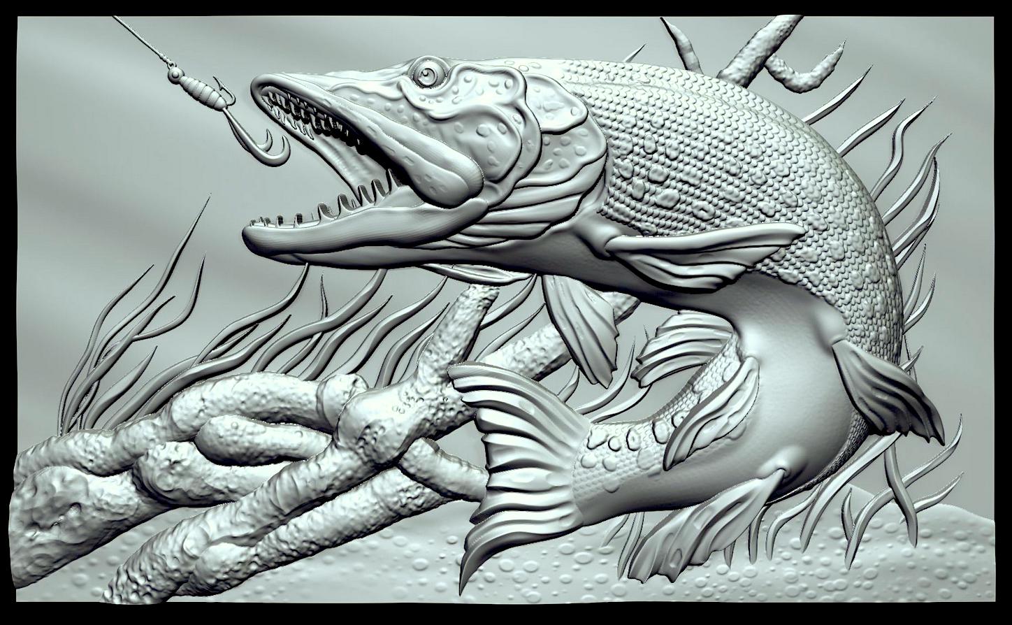 Pike Biting Hook - 3D Bas-relief STL File for CNC and 3D Printing - 3D ...