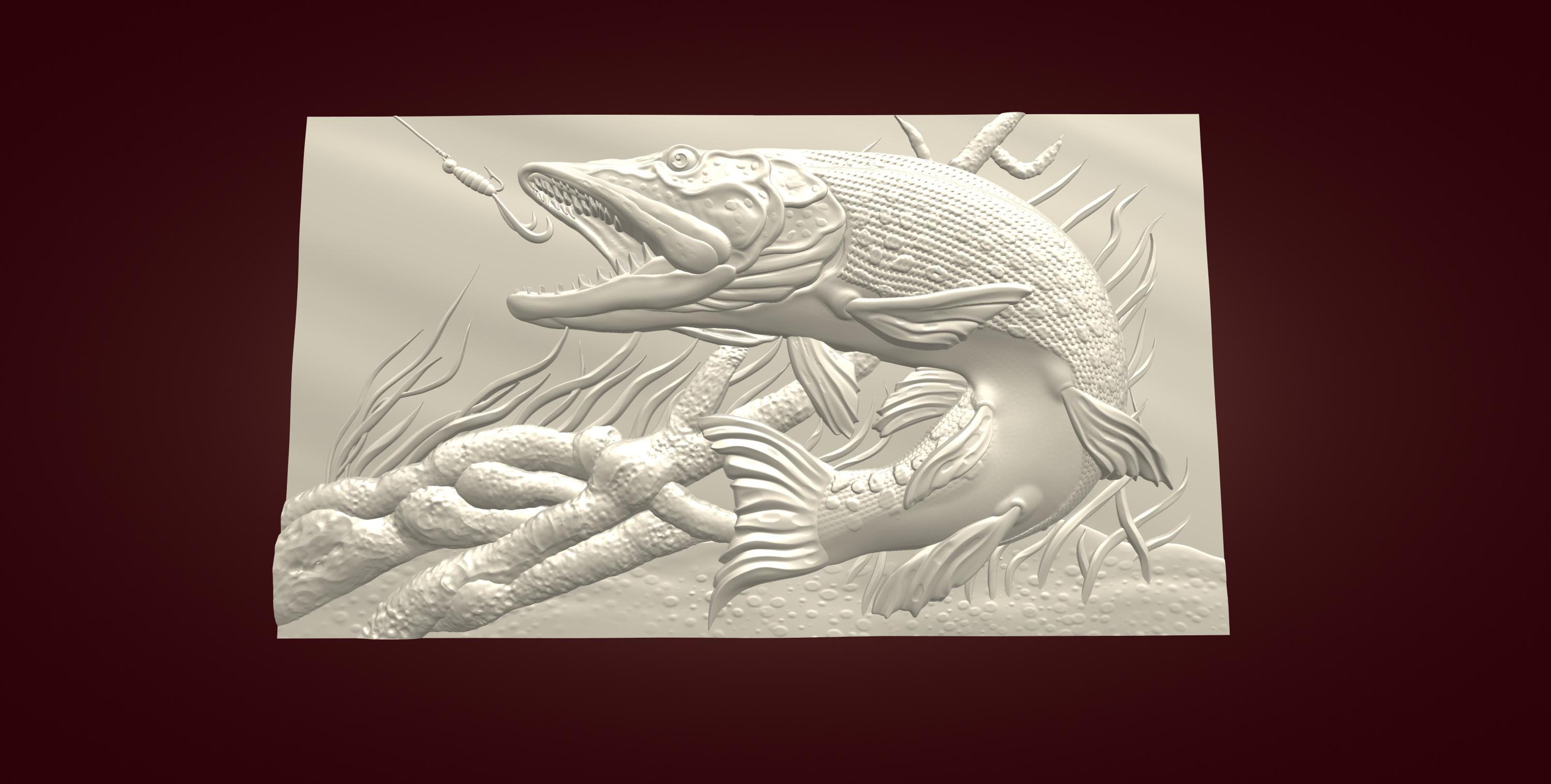 Pike Biting Hook - 3D Bas-relief STL File for CNC and 3D Printing - 3D ...