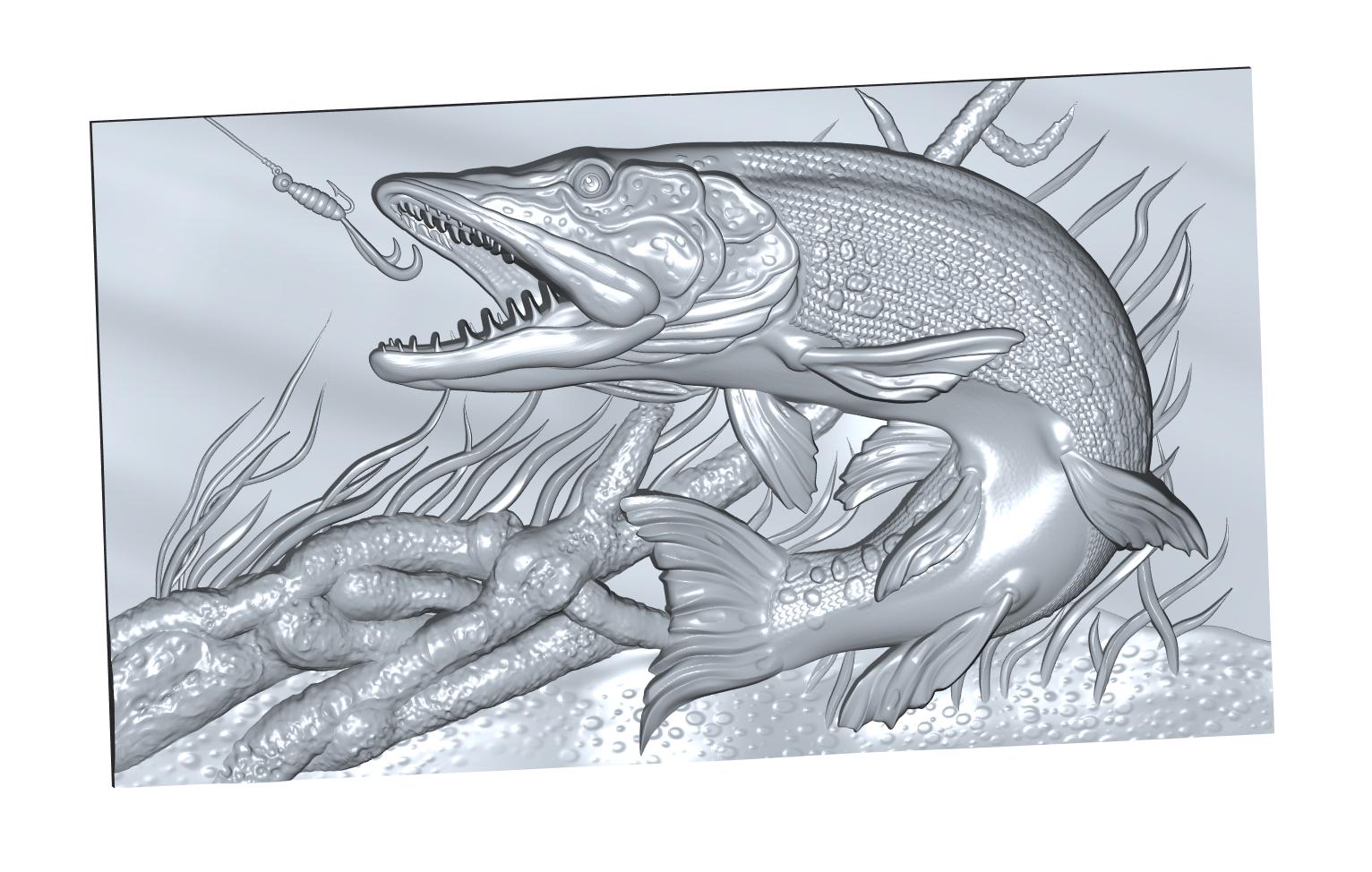 Pike Biting Hook - 3D Bas-relief STL File for CNC and 3D Printing - 3D ...