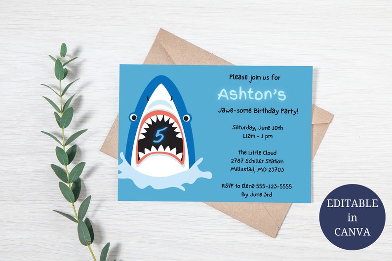 Editable Shark Birthday Invitation Canva Template Kids Ocean Themed ...
