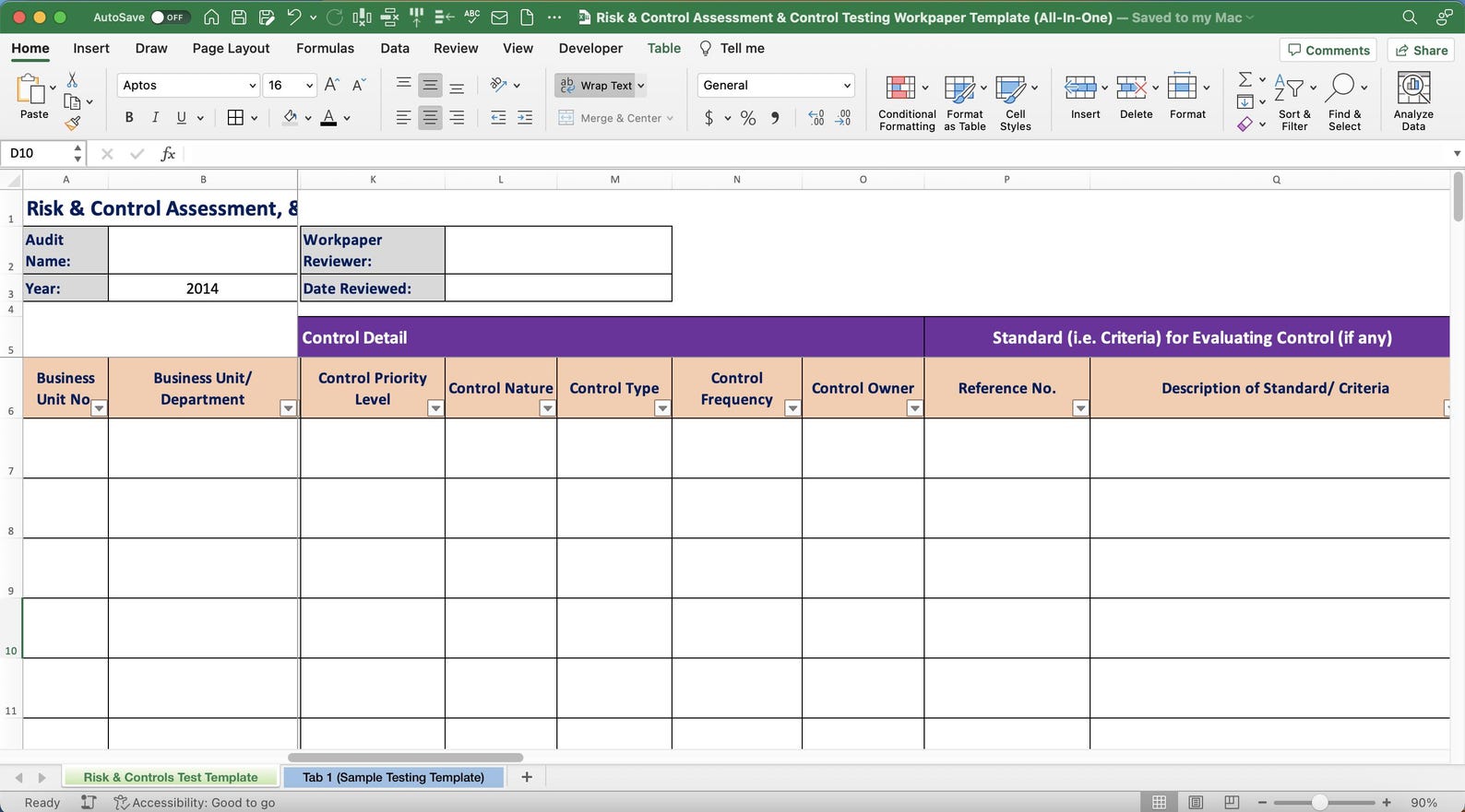 Risk and Control Assessment, & Control Testing Workpaper Template all ...