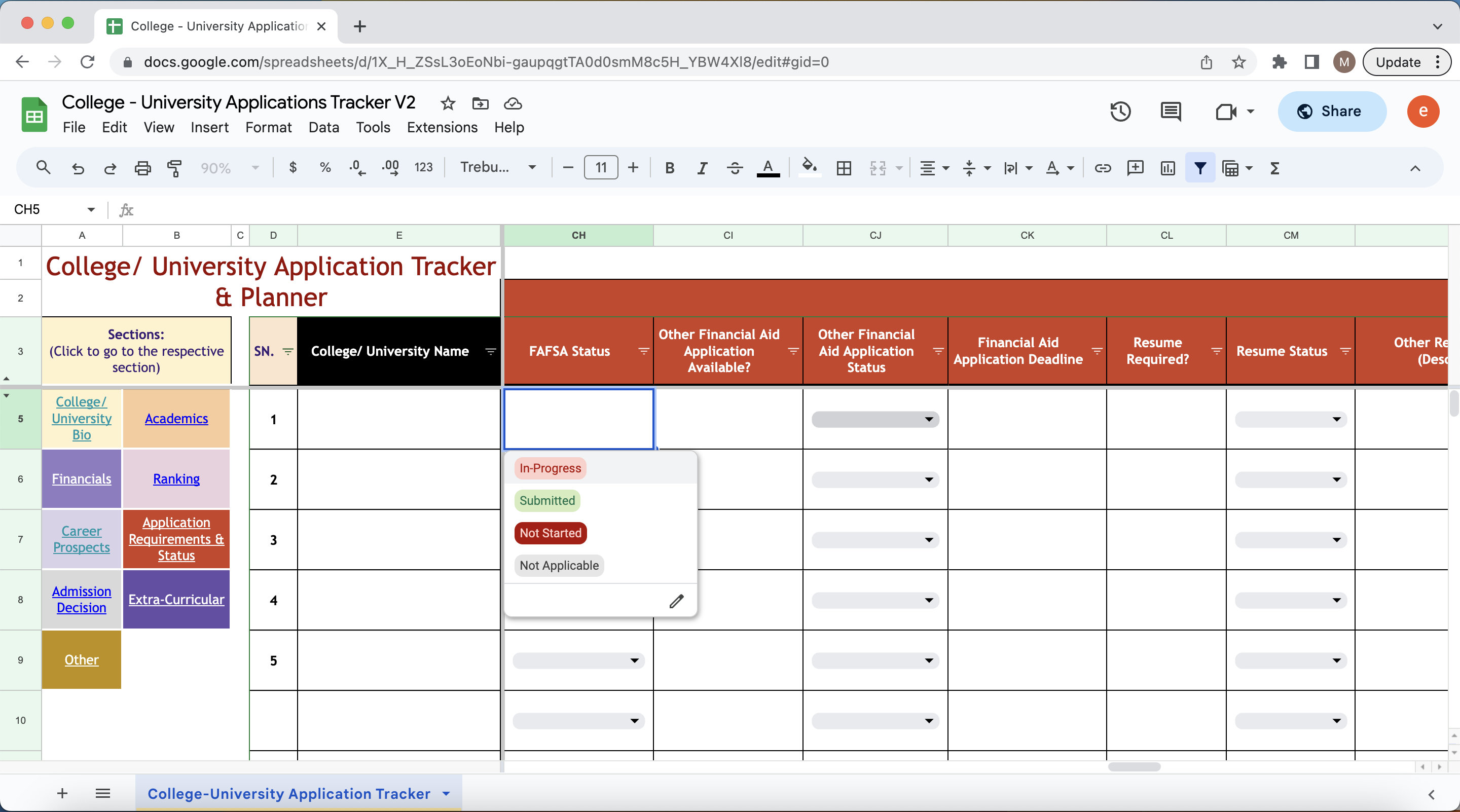 College/ University Applications Tracker and Planner in Google Sheets ...