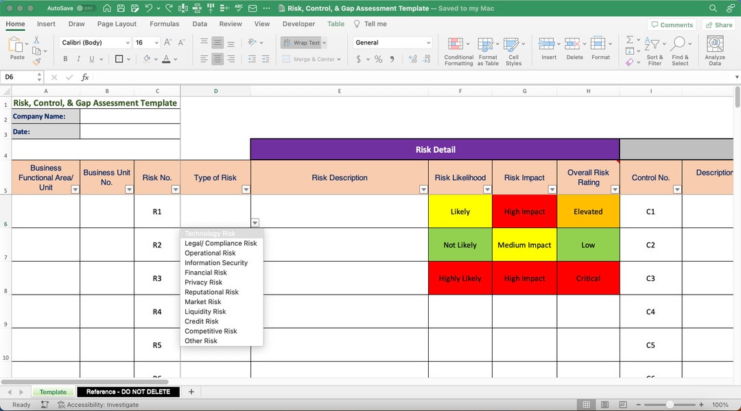 Risk, Control, & Gap Assessment Template and Tracker excel and Google ...