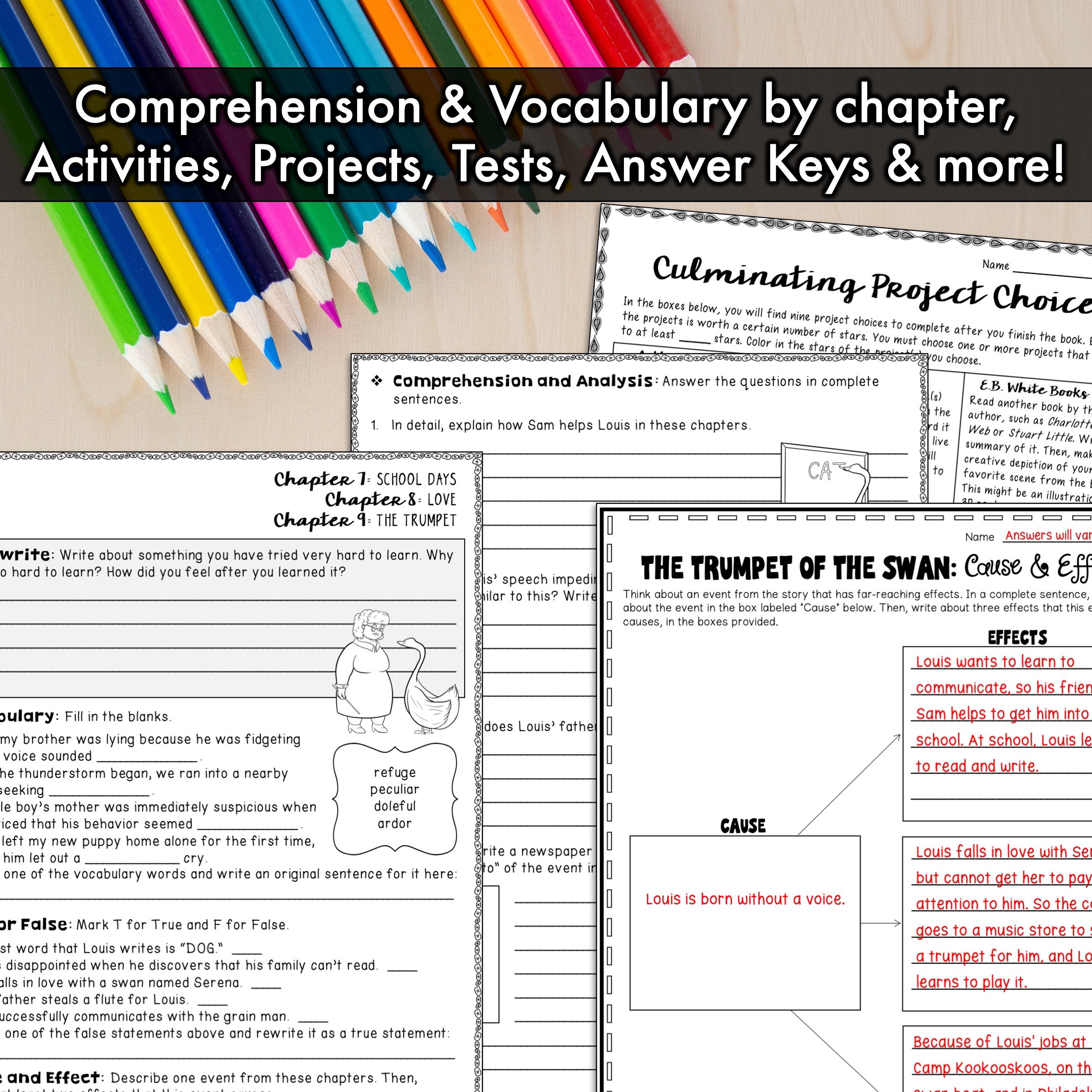 The Trumpet of the Swan Novel Study Unit Literature Guide Comprehension ...